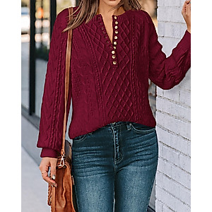 KIRUNDO Womens Sweaters 2024 Fall Winter Henley Long Sleeve Button Crew Neck Cable Knit Loose Cropped Sweater Pullover(Jujube Red, Large)