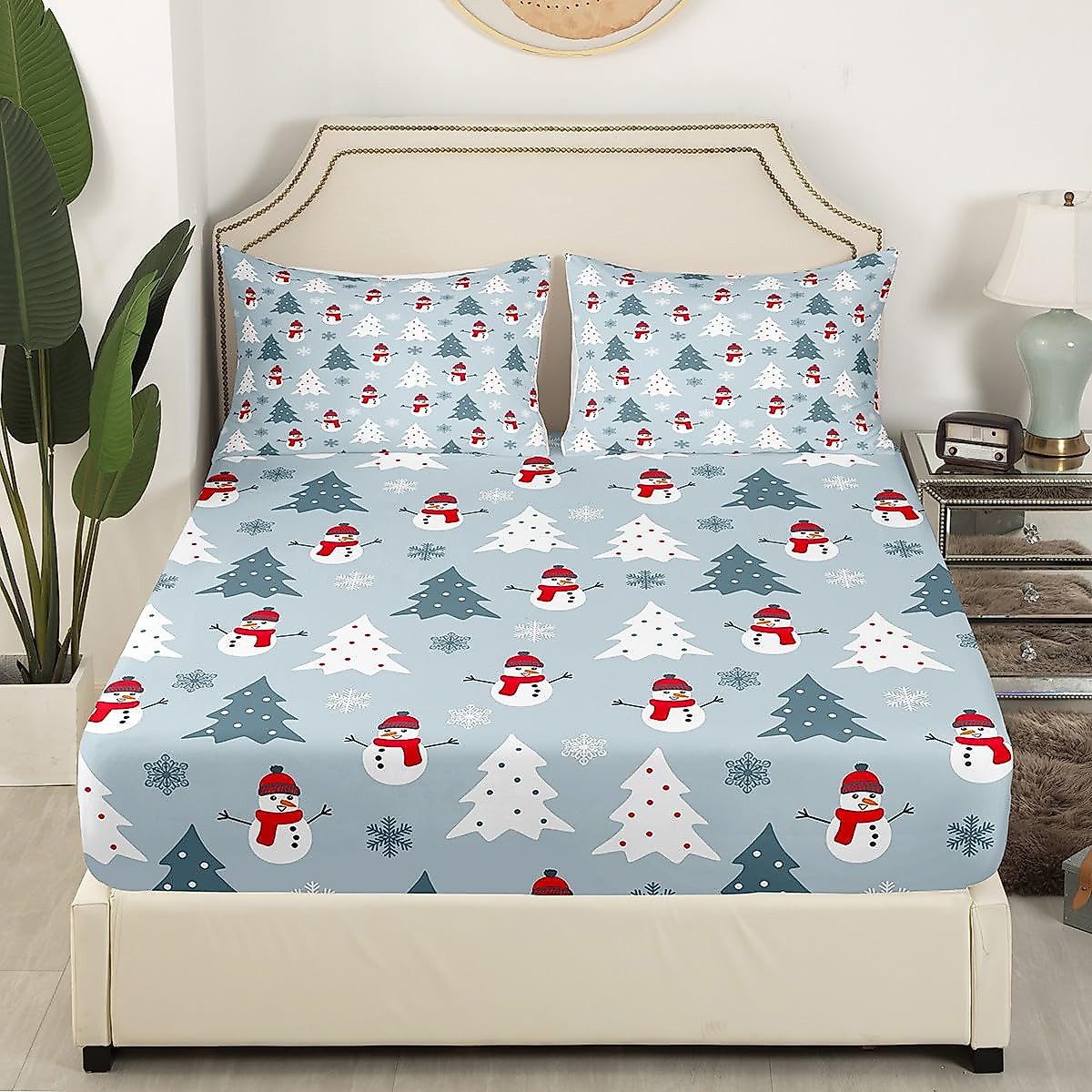 Erosebridal Snowman Bed Sheets Set for Girls Boys Kids Merry Christmas Sheet Set Full Size Christmas Themed Fitted Sheet Happy New Year Xmas Flat Sheet Winter Themed Sheets 4 Piece