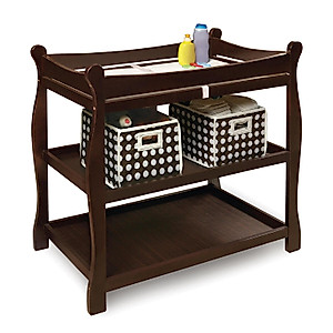 Badger Basket Sleigh-Style Baby Changing Table with Changing Pad and Safety Belt- Espresso Finish, Elegant Design with Ample Storage for Diapers and Baby Essentials