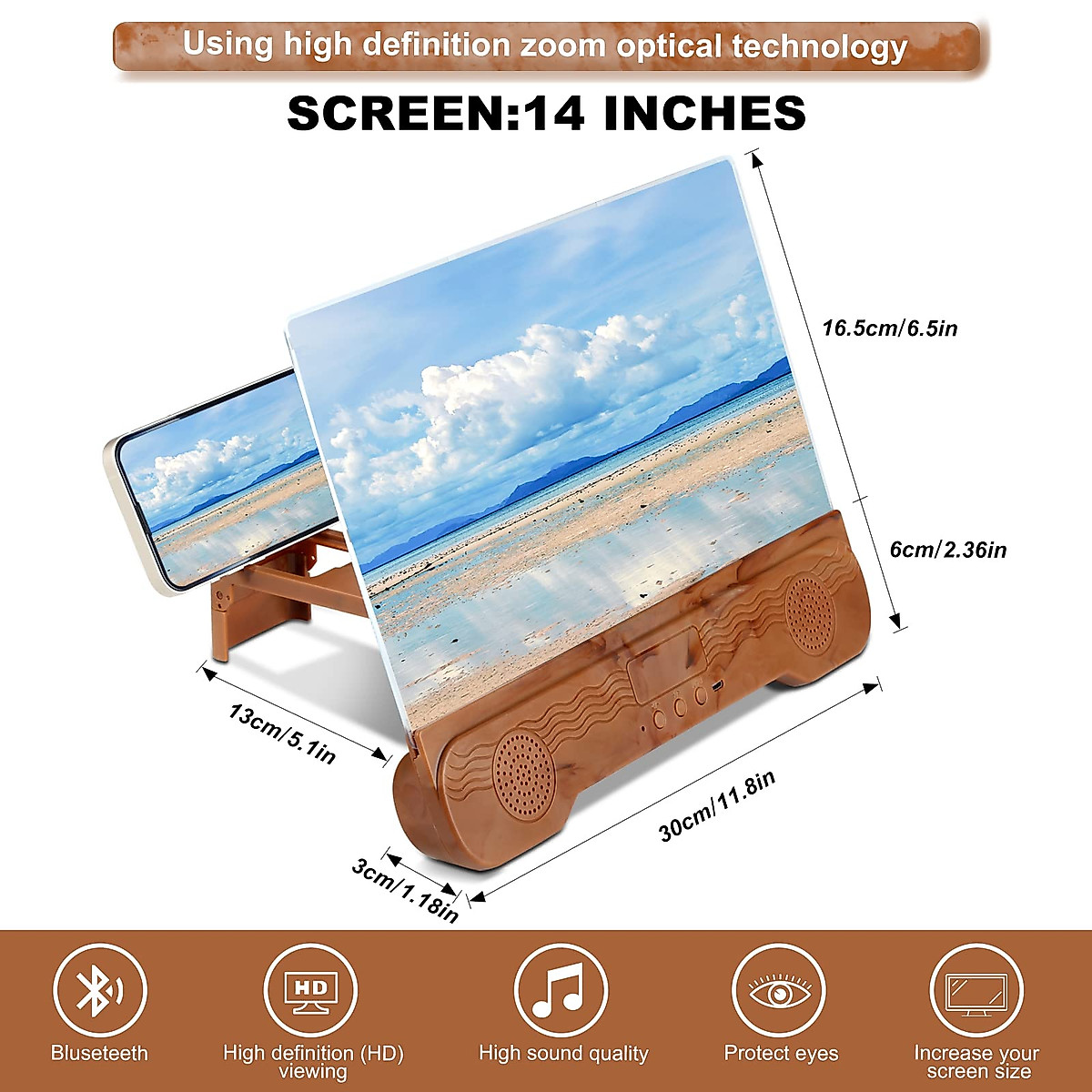 HSRBO 14" Cell Phone Screen Magnifier with Wireless Speaker Foldable Phone Stand with HD Screen Amplifier for Movies,Videos,Reading,Gaming,Compatible with All Smartphones （Wood Color）