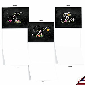 The Best Card Company - 10 Initial Letter K Assorted Blank Notecards, Floral Monogramed Personal Stationery w/Envelopes Bulk Box Set 4 x 5.12 Inch Thank You Notes - K Chalk and Roses M3795OCB-B1x10