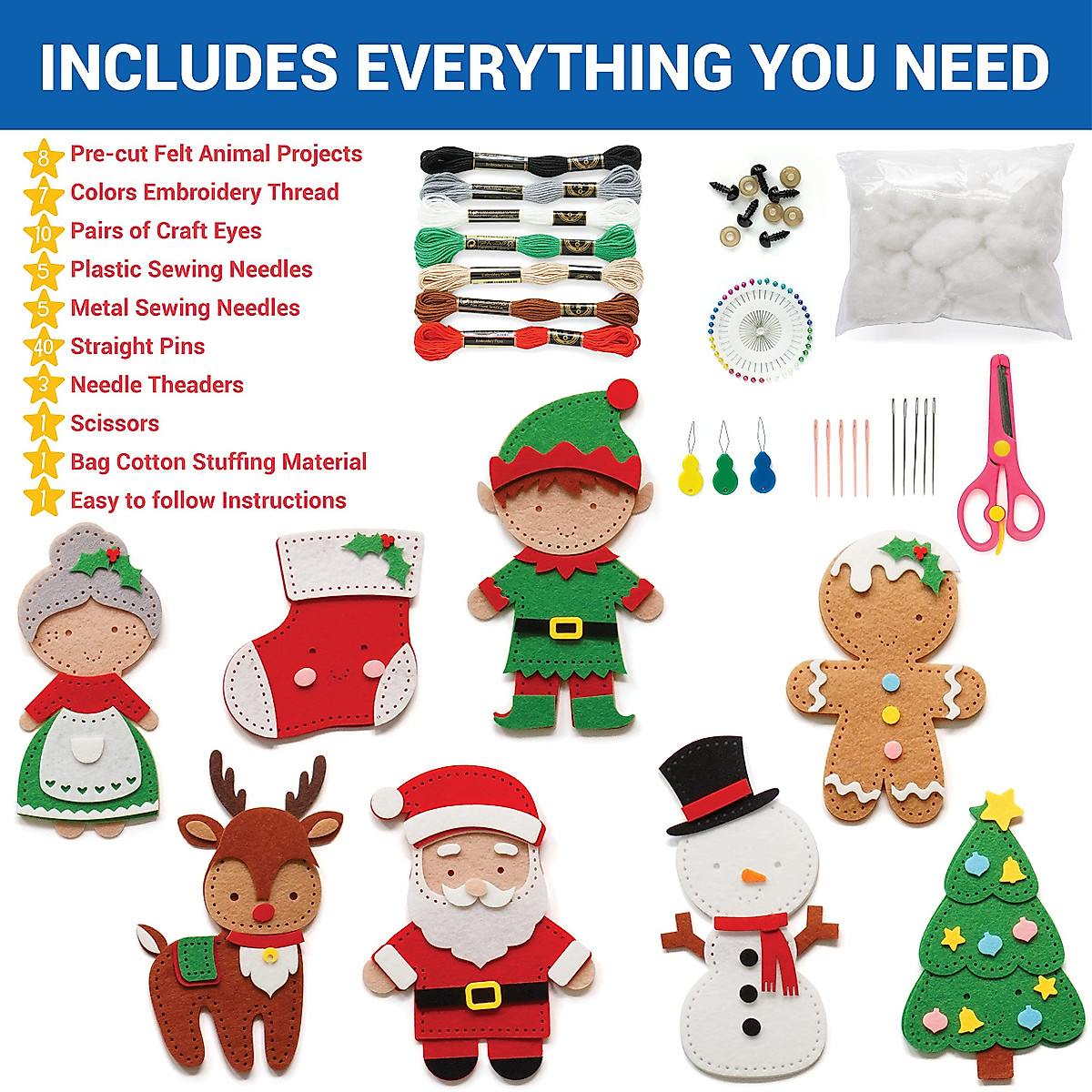Craftorama Sewing Kit for Kids, Fun and Educational Christmas Craft Set for Boys and Girls Age 7-12, Sew Your Own Felt Christmas Set Craft Kit for Beginners, 165 Piece Set
