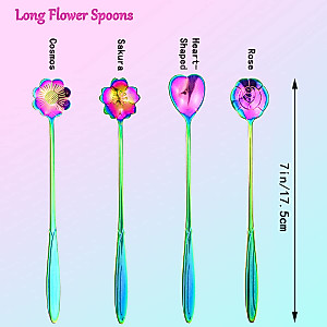 Flower Spoon Set of 4 PCS, LEEFONE 7" Flower Pattern Long Handle Spoon Stainless Steel Reusable Tea Scoops Stirring Spoon Ice Cream Spoon Coffee Spoon Sugar Dessert Cake Spoon (Rainbow)
