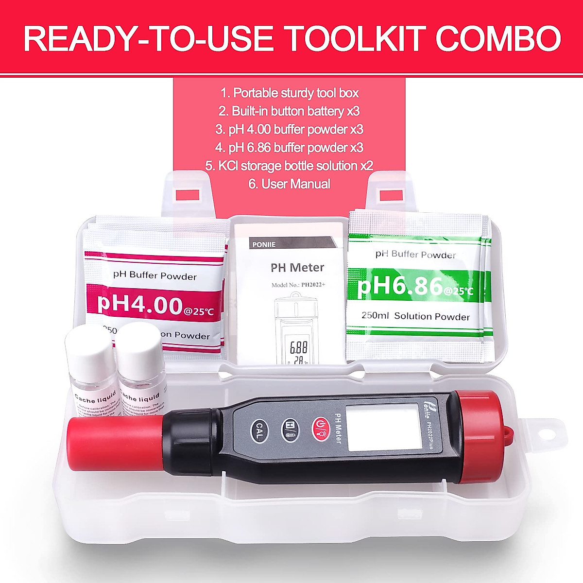 Poniie PH2022Plus Waterproof Digital PH Meter for Water Hydroponics Food Brewing w/Portable Toolkit Combo, 0.01 Resolution