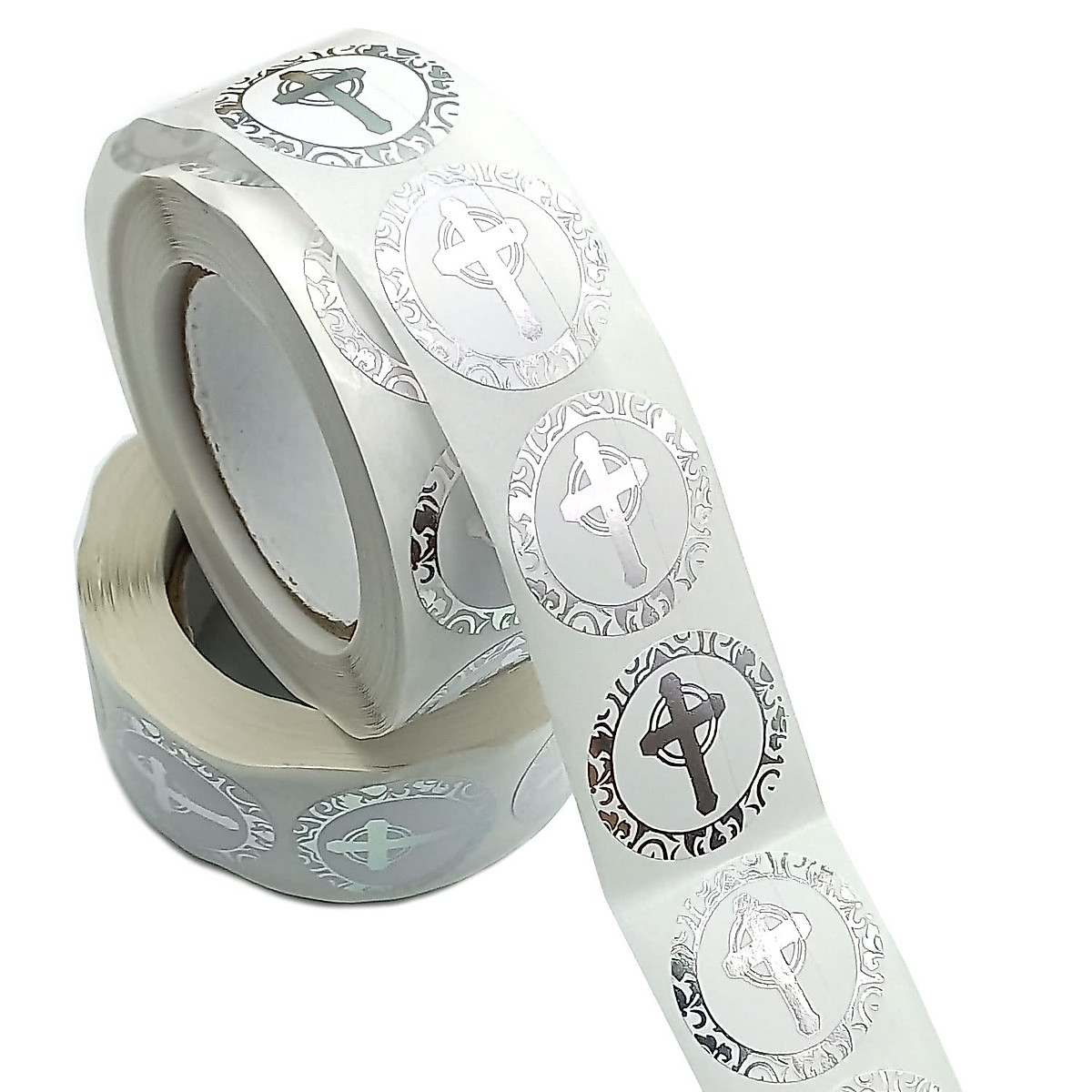 SUPIA 2 Pack 500-Piece Total 1000 Christian Cross Sticker Roll, Design Round Labels with Gold Foil Finish Christening, Communion, Occassions, Envelope Seals, 1 inch/2.5 cm in Dia (Silver), (DF-136)