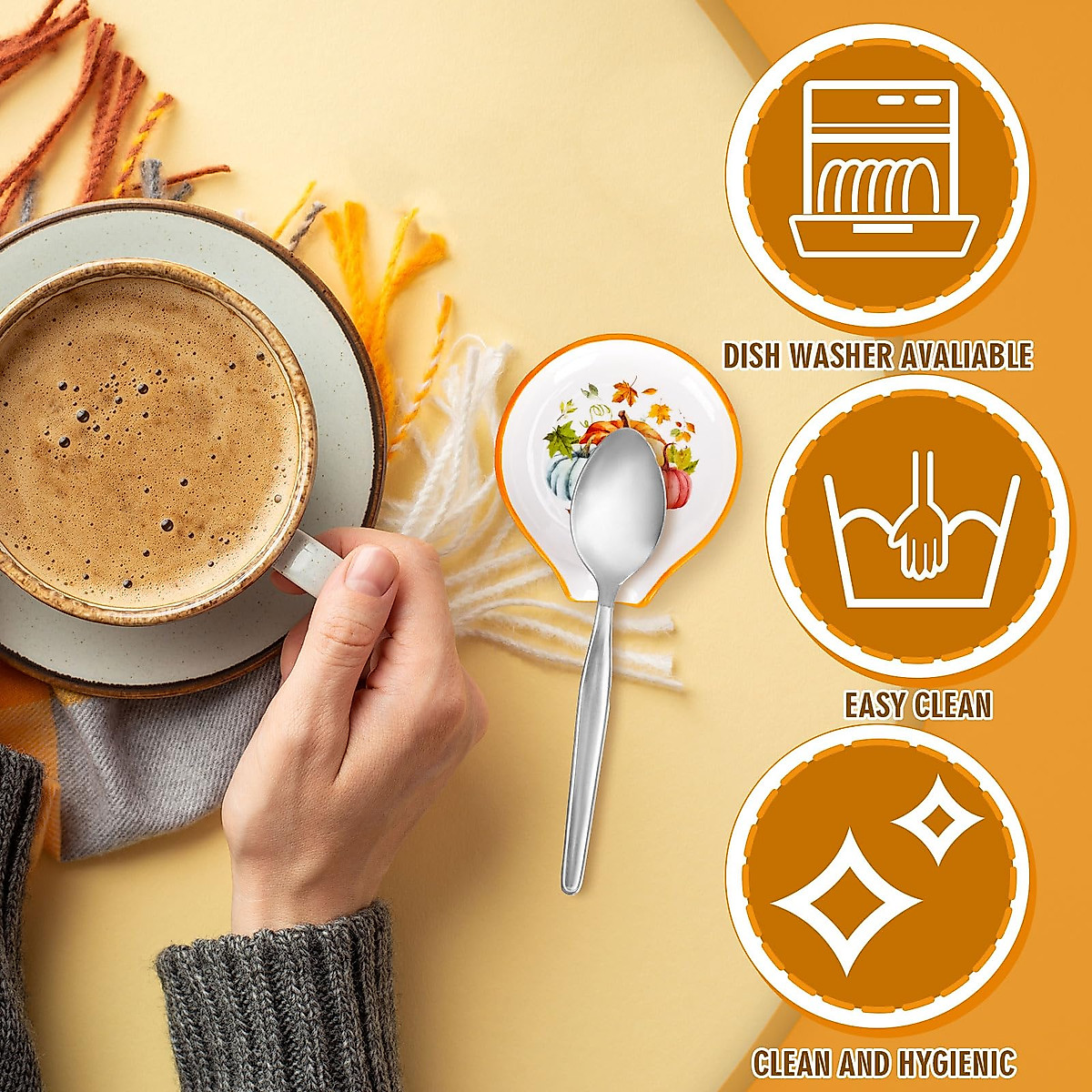 JarThenaAMCS 3.9 Inch Fall Mini Ceramic Spoon Rests Autumn Thanksgiving Pumpkin Maple Leaf Small Coffee Spoon Holder for Coffee Stirrers Teaspoon Bar Spoon Coffee Bar Accessories Coffee Station