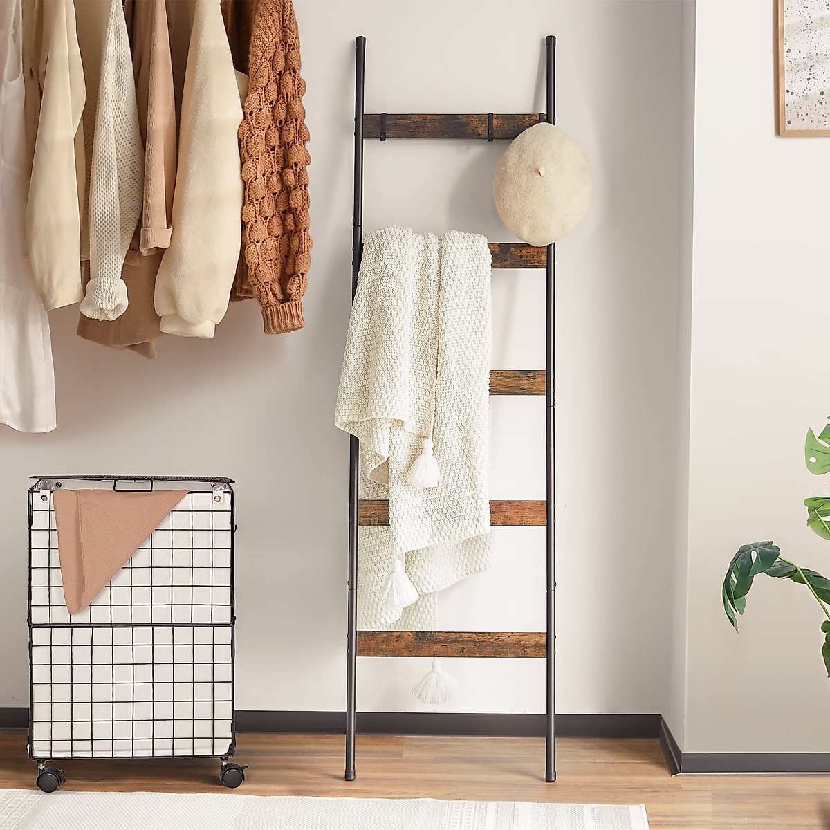 ELYKEN Blanket Ladder for Living Room, Farmhouse 5 -Tier Quilt Holder with 4 Removable Hooks for Bathroom, Wood Towel Rack Display, Wall Anchor Leaning Decorative Stand for Home Decor, Rustic Brown