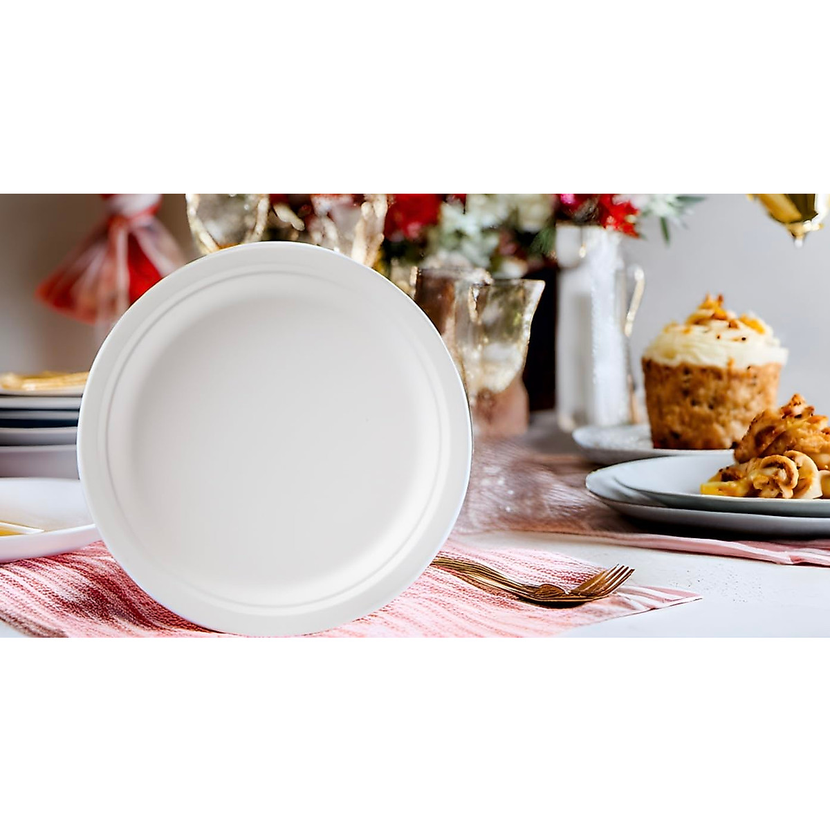 Susty Party 10-Inch Compostable Round (50-Count), Sugarcane Heavy Duty Disposable Biodegradable Plate for Dinner, White