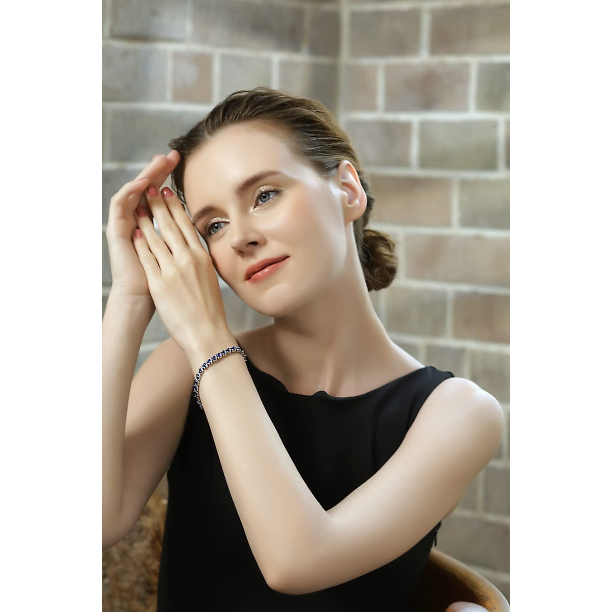 B. BRILLIANT Sterling Silver Created Blue Sapphire Marquise-cut Tennis Bracelet for Women with Jewelry Gift Box