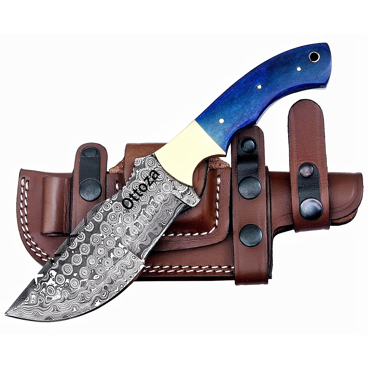 Ottoza Tracker Knife & Bone Handle - Damascus Hunting Knife - Horizontal Carry Knife Sheath 198