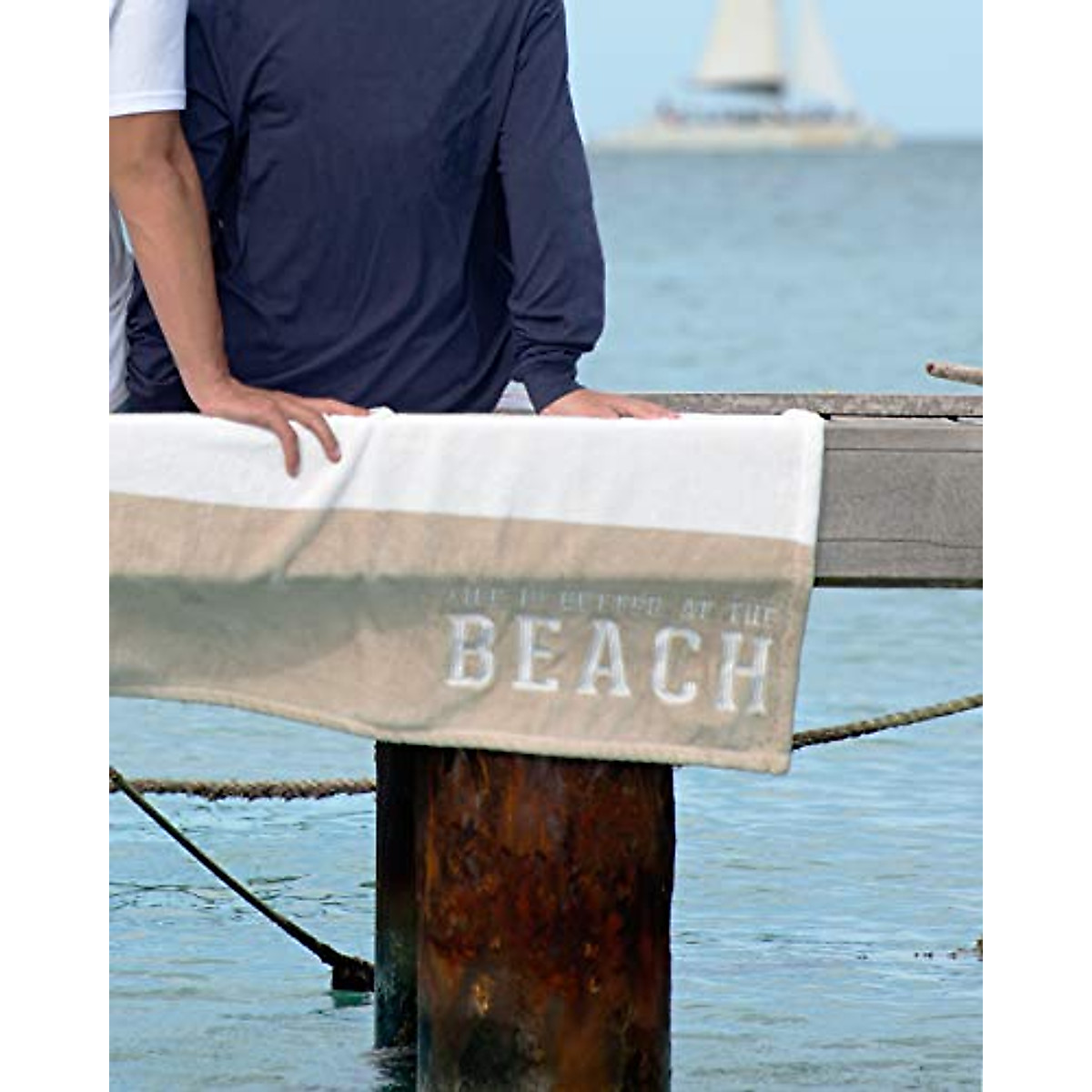 Pavilion Gift Company Life is Better at The Beach-Tan & White Super Soft 50 x 60 Inch Striped Throw Embroidered Text 50" x 60" Royal Plush Blanket, Beige