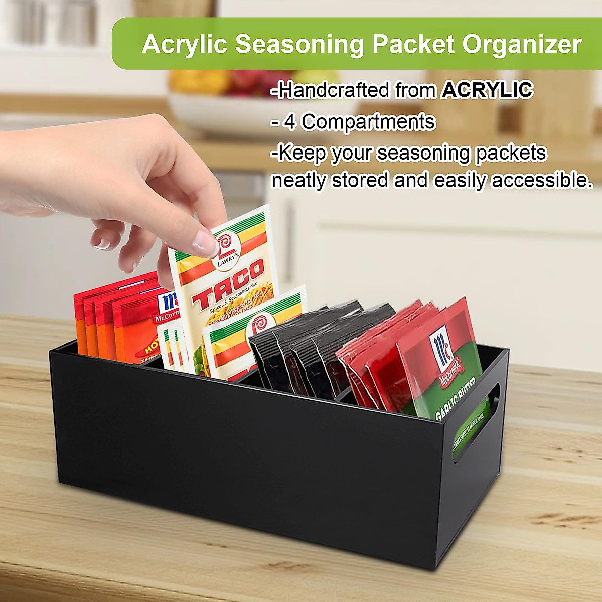 Acrylic Seasoning Organizers with 4 Slots, Tea Bag & Snack Packet Storage Bin, Coffee & Gravy Packet Condiment Organizer for Kitchen & Pantry Cabinet