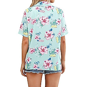 ZXZY Women Summer Hawaii Shirts Soft Cool Floral Tropic Print Short Sleeve Button Up Tops T-Shirt Light Green