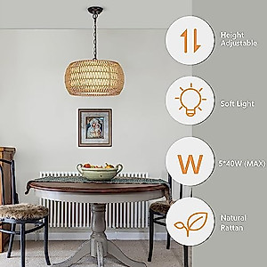 Rattan Farmhouse Chandelier Light Fixtures, 5-Lights Boho Large Pendant Light,Hand Woven Chandeliers for Dining Room with Fabric Shade,Rustic Chandeliers Hanging Light Fixtures for Kitchen Island