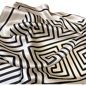 JERLA 100% Pure Mulberry Silk Square Scarf for Hair-26''x26'' Women Men Natural Silk Neckerchief Headscarf (Cream white and black geometry stripe)