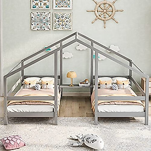 Double Twin Size Platform Beds with Built-in Table,Wood House Twin Beds Frames with Canopy Triangular Roof for Kids Teens Adults,Wood Slats Support/No Box Spring Needed,Gray