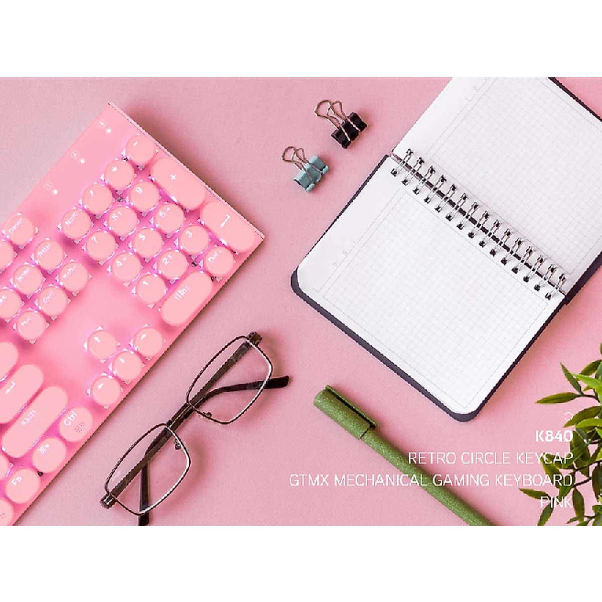 ABKO Hacker K840 Retro Rainbow LED Gaming Keyboard Pink - Blue Switch, Korean-English