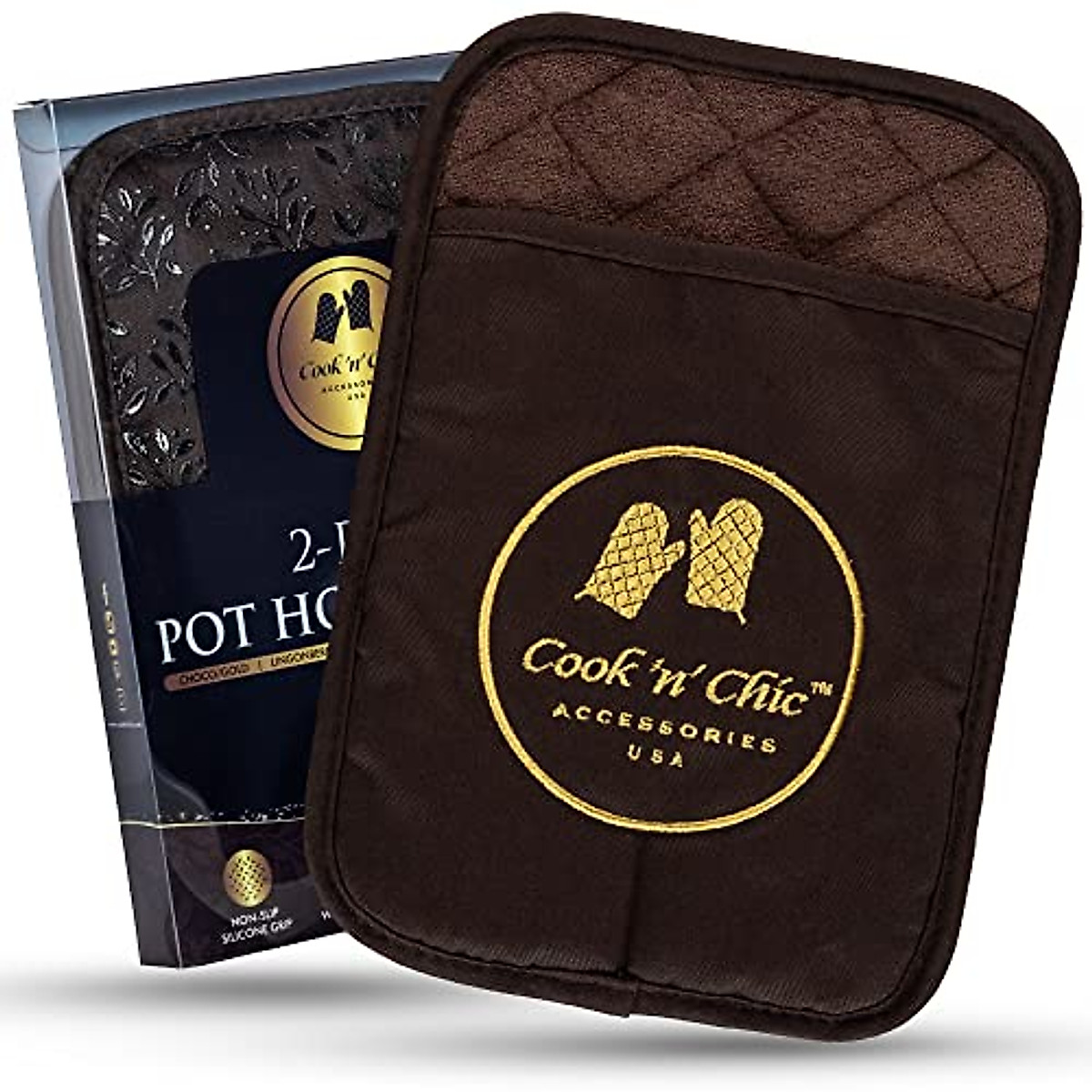 Premium Pot Holders - Heat Resistant - Non Slip Textured Silicone Grip - Washable Mittens for Cooking Baking - Flexible Soft Terry Cloth Cotton Lining - Set of 2 by Cook'n'Chic