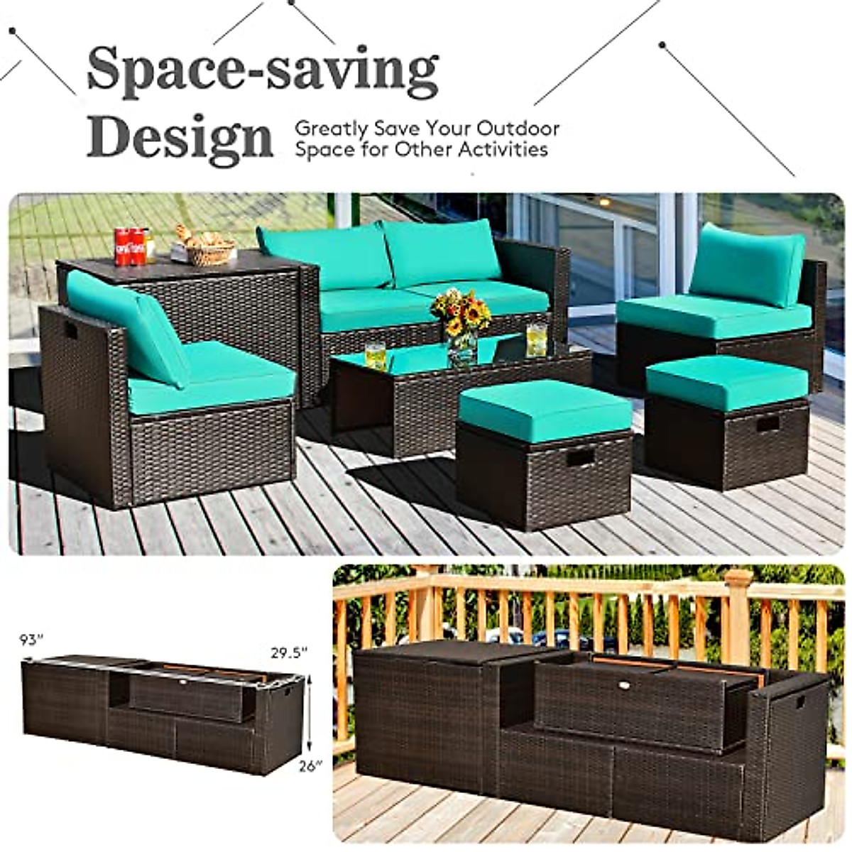 Tangkula 8 Piece Patio Furniture Set, Patiojoy Outdoor Space Saving PE Rattan Sectional Sofa Set for 6 with Waterpfoor Cover, for Garden, Deck, Poolside and Balcony (Turquoise)