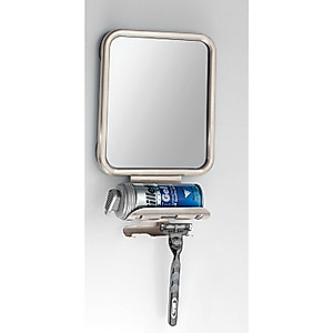 mDesign Large Modern Metal Suction Shaving Mirror Center for Bathroom Showers and Tubs - Holders for Shaving Cream and Razors - Satin