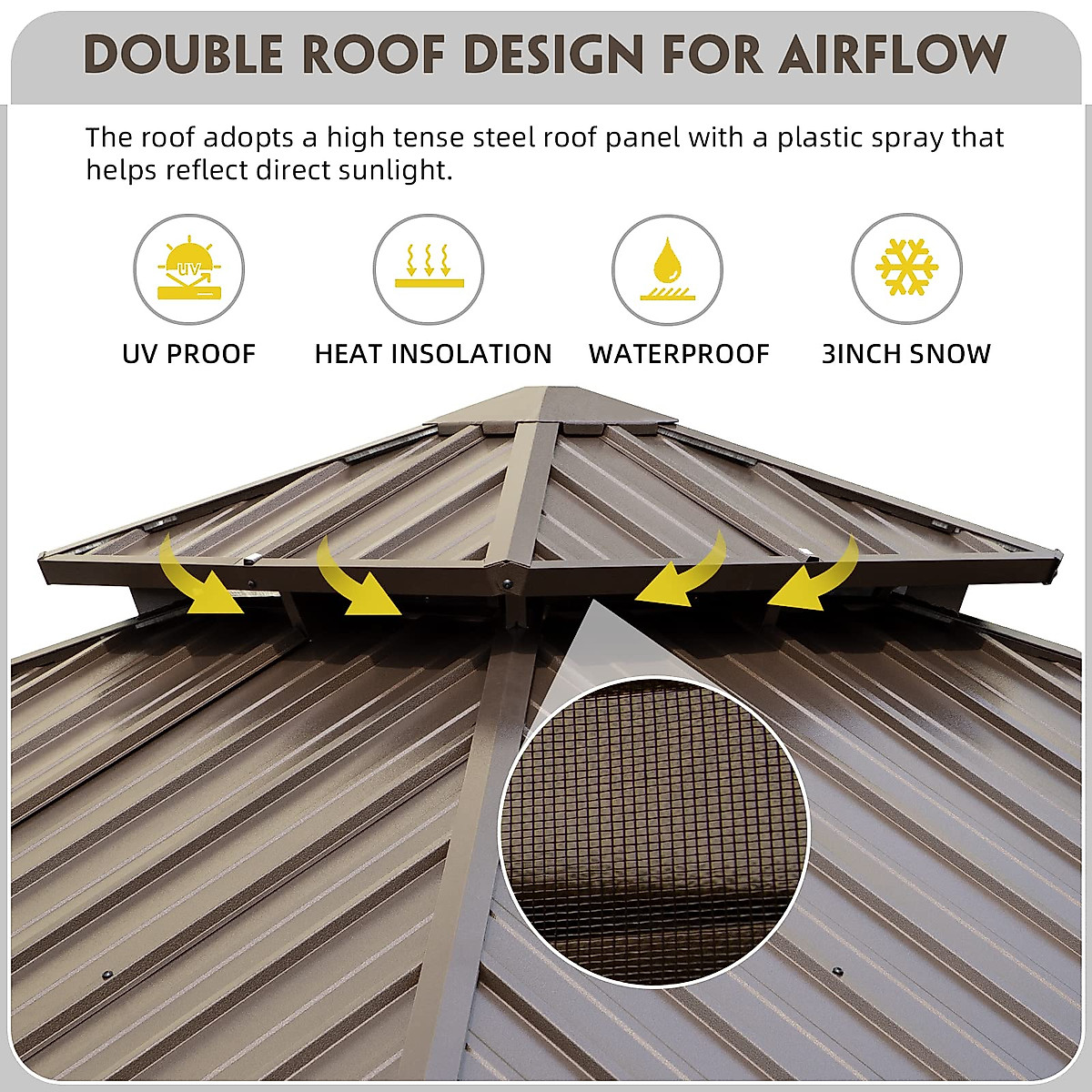 YOLENY 12' X 12' Hardtop Gazebo Galvanized Steel Outdoor Patio Gazebo Canopy Double Roof Pergolas Aluminum Frame with Netting and Curtains for Garden, Patio, Lawns, Parties