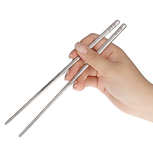 BAPMOO Korean Chopsticks and Spoon Set Combinations Reusable Long Handle Metal Stainless Steel Good for Gift Happy Face & Hangul Characters Engraved Silver