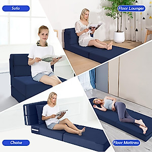 MeMoreCool Foldable Futon Chair Bed Sleeper for Adults, Single Sofa Bed Folding Mattress 6 Inch, Fold Out Couch Bed with Pillow, Convertible Foam Floor Sofa Sleeping Tri Fold Mattress Chair (Navy)
