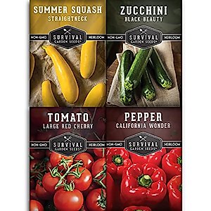 Survival Garden Seeds Kabob Skewer Vegetables Collection - Large Red Cherry Tomato, Black Beauty Zucchini, Straight Neck Summer Squash, & California Wonder Pepper Non GMO Heirloom Seeds to Plant