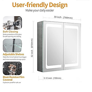 Janboe Stainless Steel LED Medicine Cabinet,Bathroom Mirror Cabinet with Light,3 Color,Dimmable,Equipped with Defogger,USB Shavor Socket,Internal Light,30×32 Inch