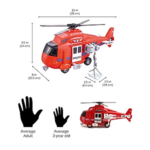 Vokodo Fire Rescue Helicopter 11" With Lights Sounds Push And Go Includes Cargo Basket Durable Kids Firefighter Friction Chopper Toy Pretend Play Airplane Truck Great Gift Children Boys Girls Toddlers