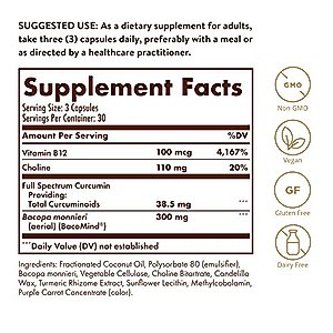 Solgar Full Spectrum Curcumin Brain Works, 90 Licaps - Support Memory Recall, Focus, Cognitive Function - Antioxidant Support - Curcumin, BacoMind, Choline, Vitamin B12 - Non-GMO, Vegan - (Pack of 2)