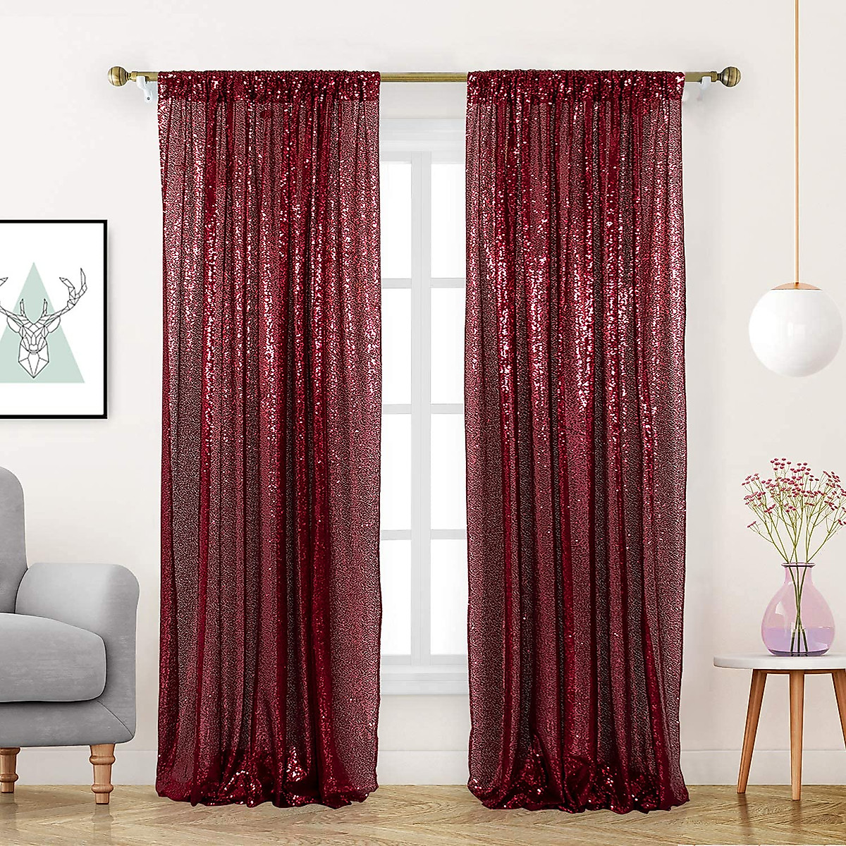 AMZLOKAE Sequin Curtains 2 Panels 2FTx8FT Burgundy Sequin Curtain Backdrop Sequin Window Curtains Photography Backdrop Glitter Shower Curtains Party Backdrop Wine Sparkle Backdrop Christmas Decor