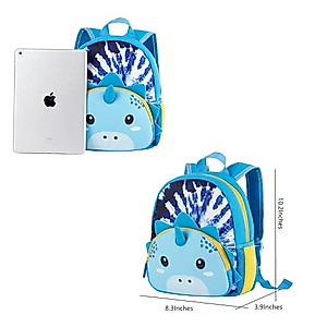 KK CRAFTS Toddler Backpack, Waterproof Preschool Backpack, 3D Cute Cartoon Neoprene Animal Schoolbag for Kids, Lunch Box Carry Bag for 1-6 Years Boys Girls, Blue Dinosaur