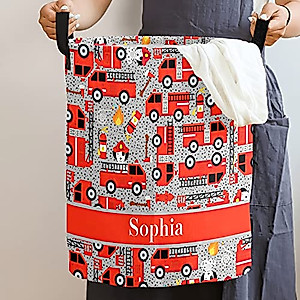 Firetruck Firefighters Large Storage Basket Personalized Laundry Hamper with Name Bathroom Home Decor Collapsible Round Storage Bin Boxes Clothing for Gift