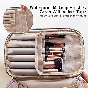 QFDS Makeup Bag,Travel Make Up Organizer Cosmetic Brush Bags Case for Women in Durable and PU Woven Plaid Leather,Portable Cosmetic Bag With Zipper Pocket (Purple)