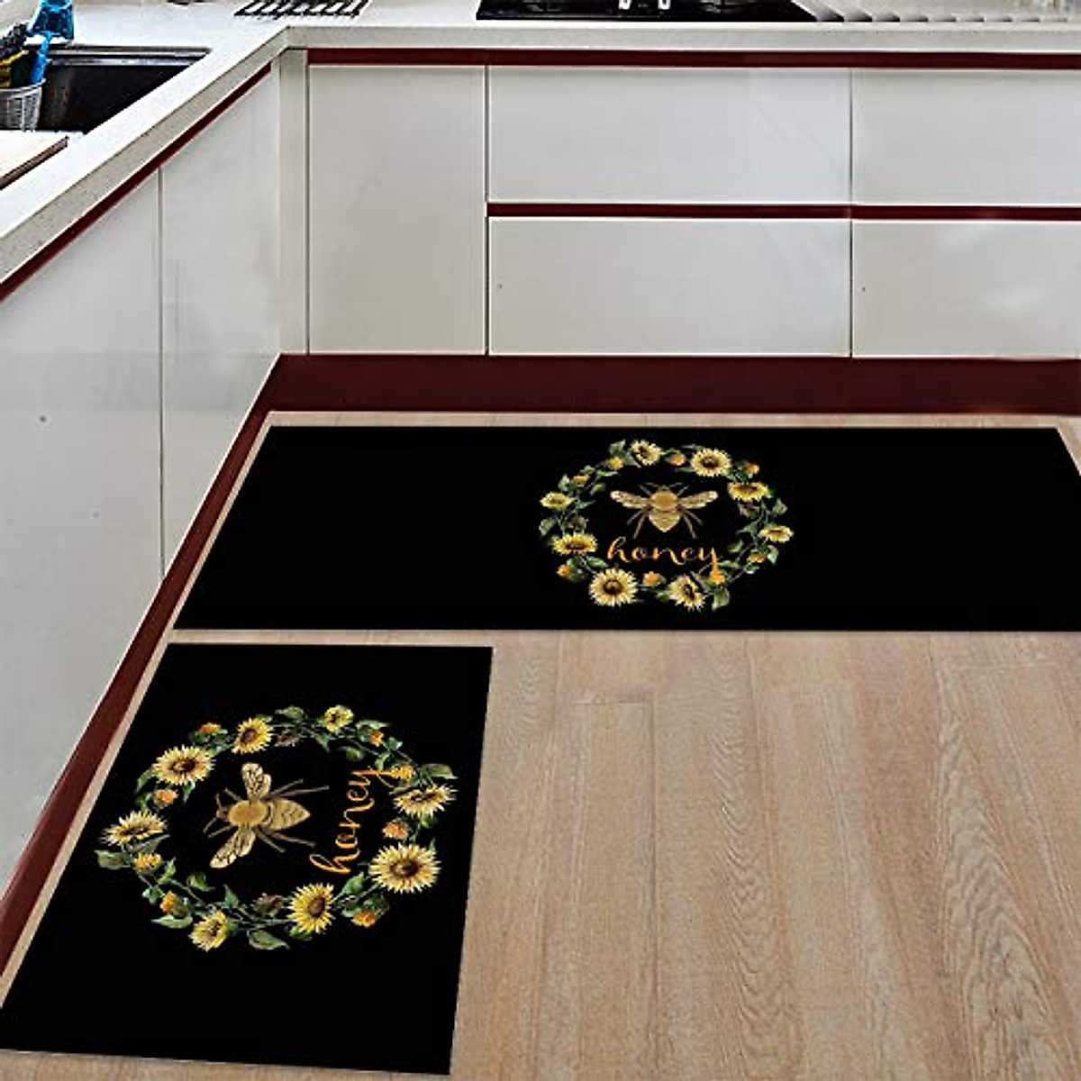 Queen Area 2 Pieces Kitchen Rugs and Mats Set Sunflower Garland Honey Bee Design on Black Background Non-Slip Kitchen Mats and Rugs for Kitchen, Floor Home, Office, Sink, Laundry
