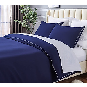 DAUAOTO Duvet Cover Full/Queen Set, Navy Blue Microfiber Bedding with Decorative White Piping, 1 Zipper Closure Cover + 2 Standard Shams
