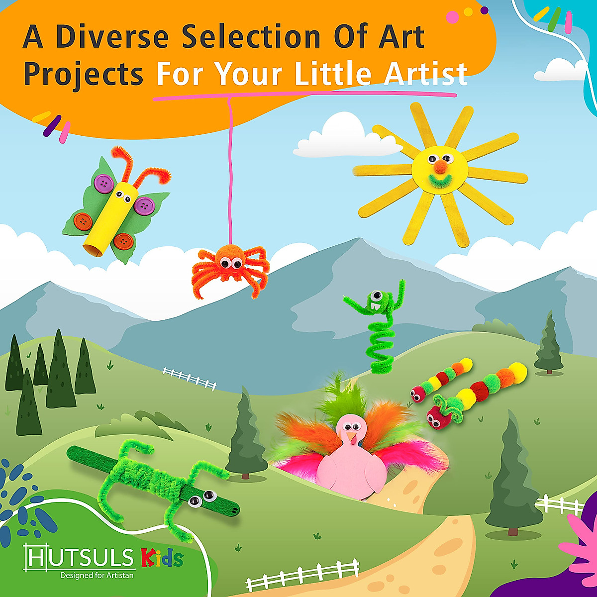 Hutsuls Kids Arts and Crafts Supplies - Toddler Craft Supplies & Materials - Preschool Craft Kits for Kids Ages 5-7 - Ultimate Crafting Kit for Children, Girls, Boys - Pipe Cleaners, PomPoms, Stickers