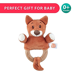 Donty-Tonty Premium Wood Baby Teether Rattle Toy Easter Baby Gift - Animals Soft Plush Shaker Toy with Natural Wooden Teething Ring Toddler, Newborn Boy, Girl, Gifts for 0 3 6 9 12 Months - Red Fox