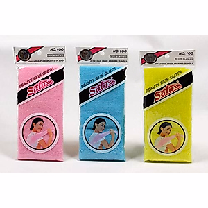 SALUX Nylon Japanese Beauty Skin Bath Wash Cloth Towel 3 Count Pink Yellow Blue