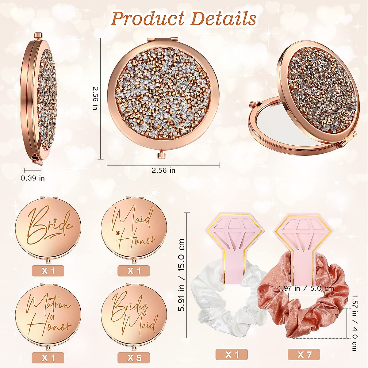 16 Pcs Proposal Gifts Set Compact Pocket Mirrors Bride Maid of Honor Matron of Honor Bridesmaid Diamond Makeup Mirrors with Hair Scrunchies for Wedding Bachelorette Bride Shower Party Bridesmaid Gifts