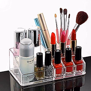 ums Makeup & Jewelry Organizer - Clear Makeup Organizer and Storage for Vanity, Acrylic Makeup Holder for Countertop with 9-Compartment, Small Cosmetic Tray for Brush and Lipstick