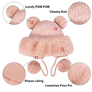 Peicees Winter Beanie Hats for Women Warm Knit Skull Cap Fur Hat with Pompom Russian Ushanka Trapper Hat Ear Cover Black