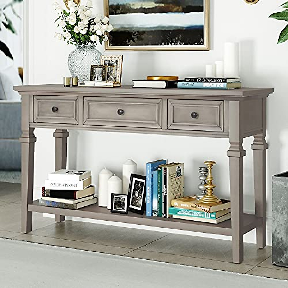 P PURLOVE Console Table with Drawers and Shelf, Sofa Table Entryway Table for Entryway Living Room Hallway (Gray Wash)