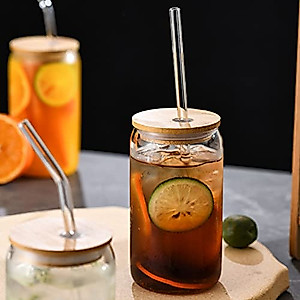CAKRETY Glasses with Bamboo Lids and Glass Straw 4pcs Set, 16oz Can Shaped Glass Cups, Beer Glasses, Iced Coffee Glasses, Soda, Gift 2 Cleaning Brushes