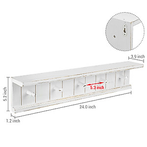 MyGift Wall Mounted 5-Hook Vintage White Wood Floating Bathroom Shelf & Towel Rack