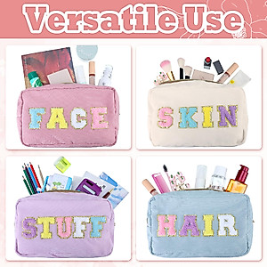 Pinkunn 4 Pcs Preppy Makeup Bags Chenille Letter Patch Bag Face Skin Hair Stuff Aesthetic Cosmetic Bag Corduroy Nylon Cosmetic Bag Birthday Gifts for Women(Purple, Pink, White, Blue,Corduroy)