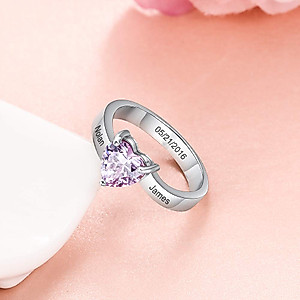 GLAMCARAT Personalized heart sterling silver ring mother’s jewelry with 1 birthstone heart shape engraved customized name birthstone ring with 1 stone