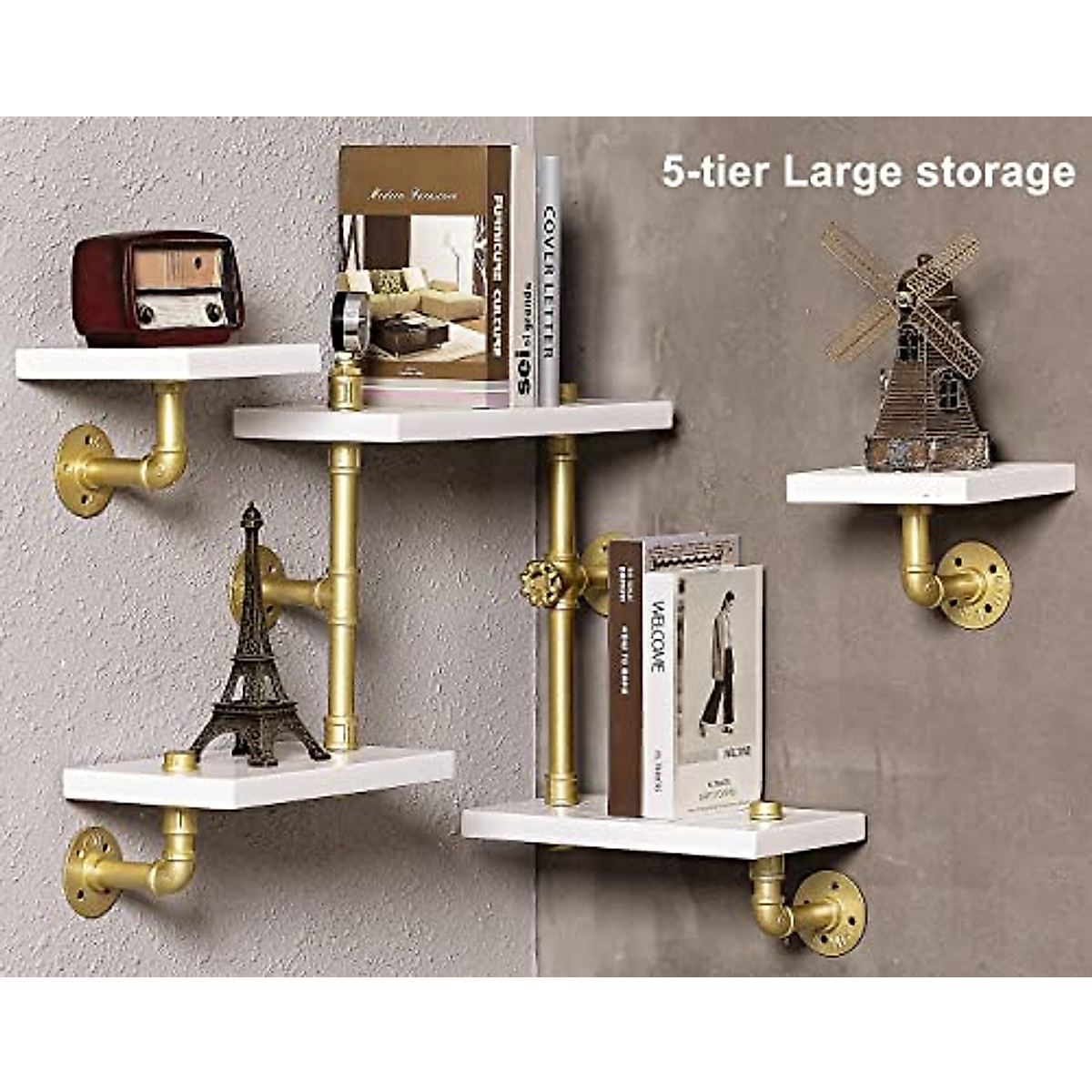 ZYUXUAN Industrial White and 18K Gold Floating Ladder Shelves, Wall Mounted Bookshelf/Bookcases for Home, Modern Pipe Frame Shelving with Wood Planks Floating Hanging Rack for Kitchen Bathroom Office