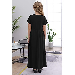 GORLYA Girl's Short Sleeve Floral Print Loose Casual Holiday Long Maxi Dress with Pockets (14Years/Height:160cm, Black Color)